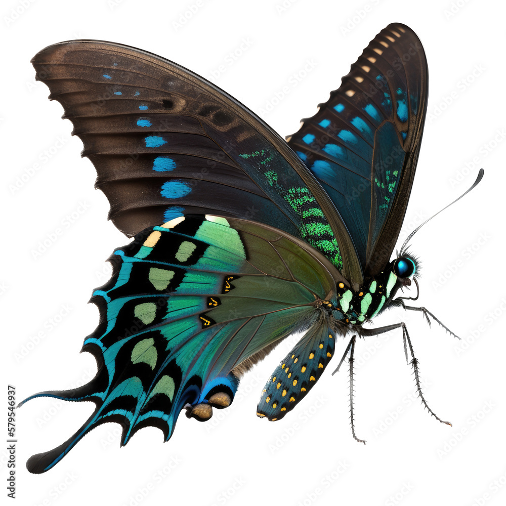 isolated turquoise, green, blue, black swallowtail butterfly, macro ...