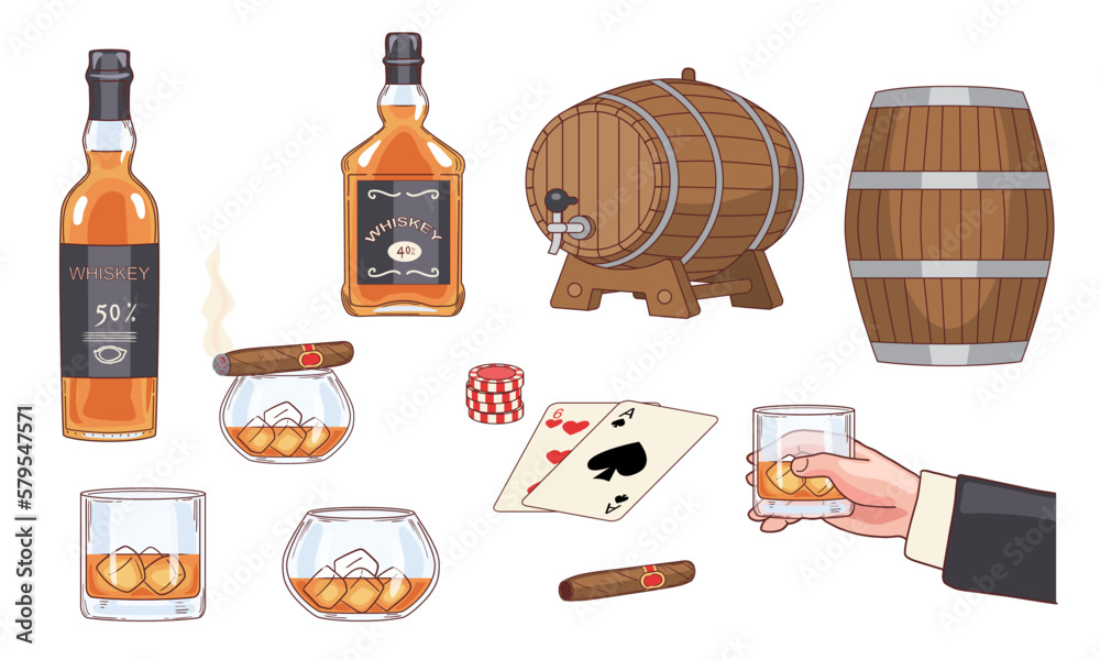 Set of whiskey. Man hand holding glass of scotch with ice cubes. Wooden ...