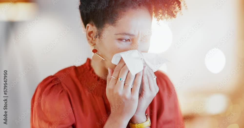 Sick business woman, sneeze and blowing nose from flu in night office ...