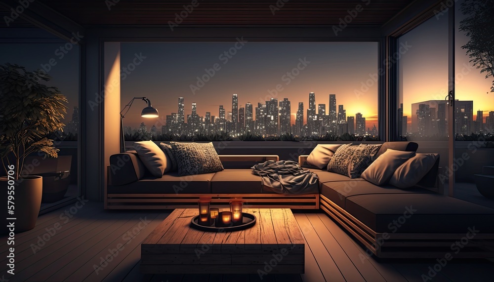 A modern outdoor living room setup with a sectional sofa and coffee ...