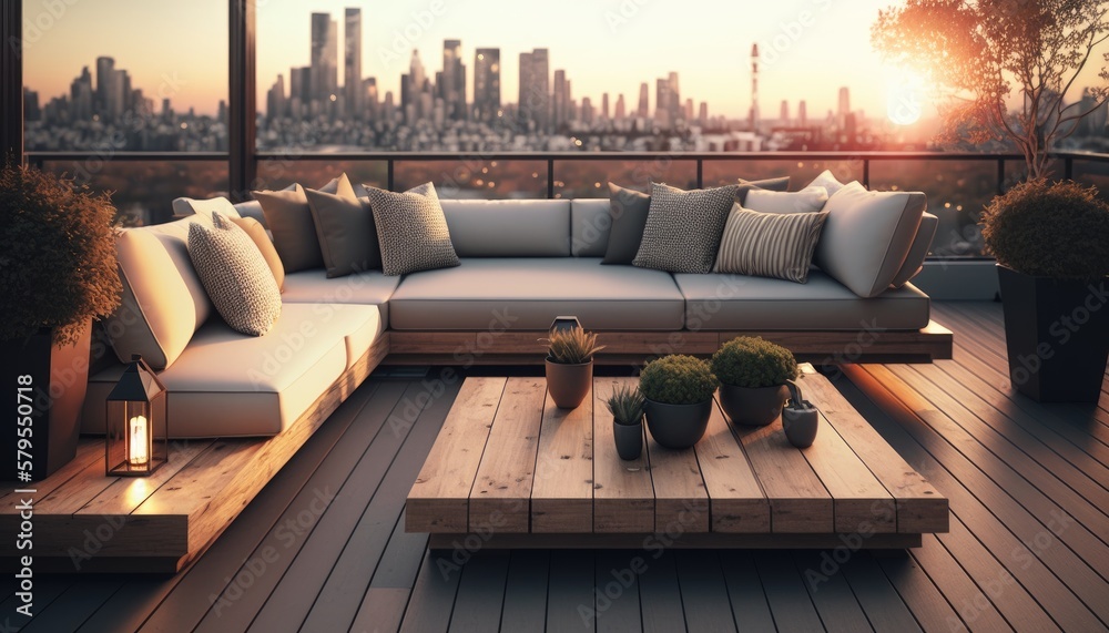 A modern outdoor living room setup with a sectional sofa and coffee ...