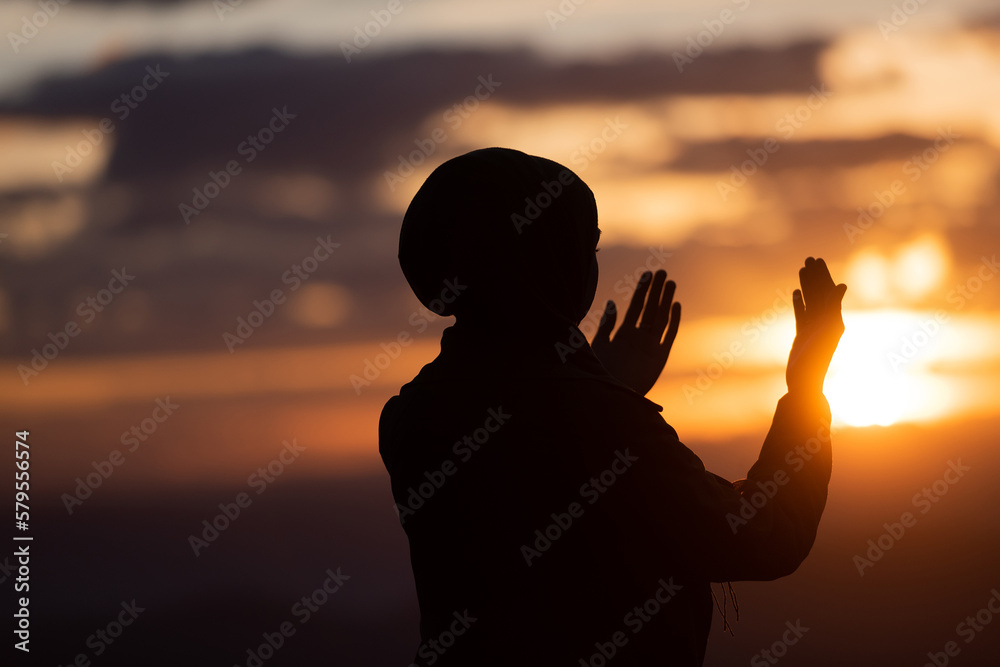 Muslim woman prayer having worship and praying with hands open doing ...