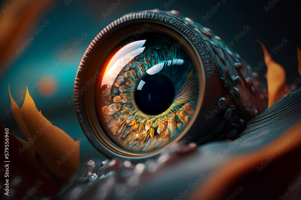 a huge eye looks through a lens disguised as the environment, an eye ...