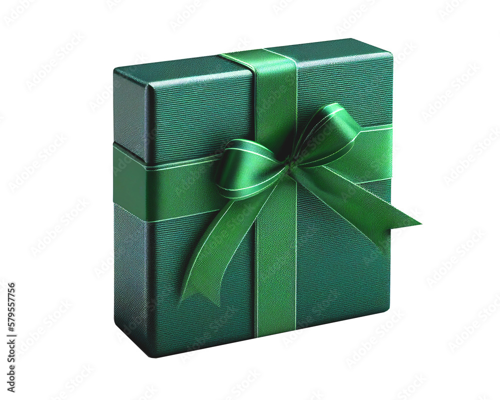Green gift box and green ribbon on isolated transparent background ...