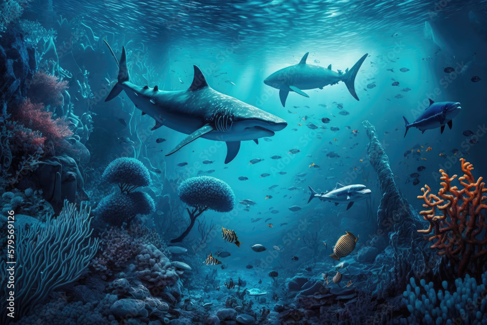 Beauty of the sharks underwater ocean with aquatic animals and coral ...