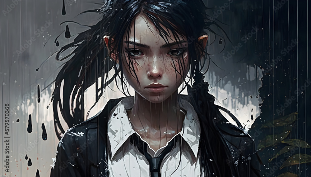 silhouette of a anime girl in the rain, Anime beautiful sad goth girl ...