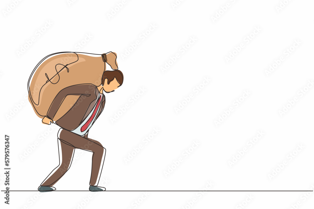 Continuous one line drawing businessman carrying big and heavy money ...