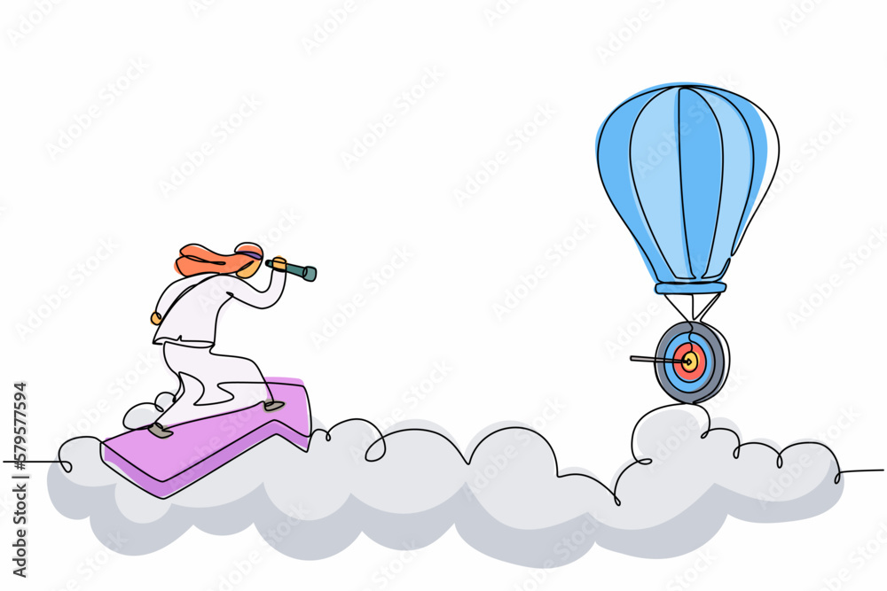 Single continuous line drawing Arabian businessman ride arrow symbol ...