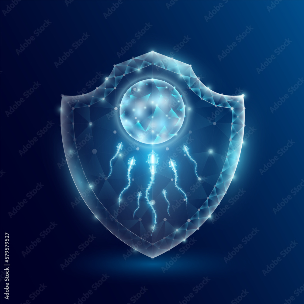 Sperm and egg cells translucent low poly triangle inside shield ...