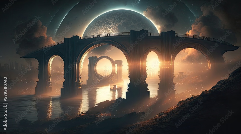 Futuristic alien planet palace. Temple on in a strange land. Glowing ...