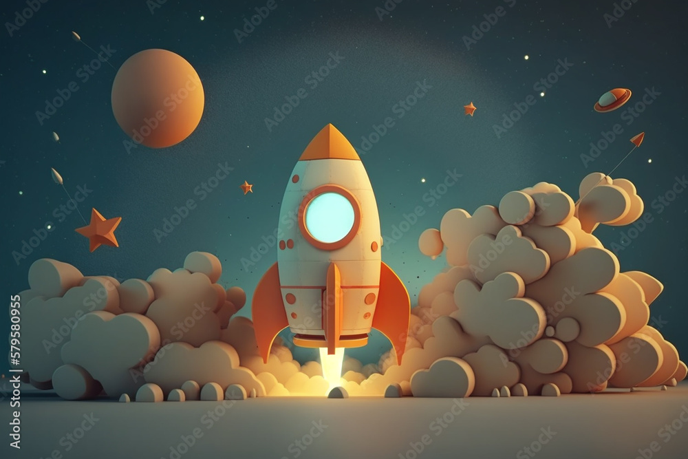 Cartoon style rocket taking off on galaxy background with stars ...