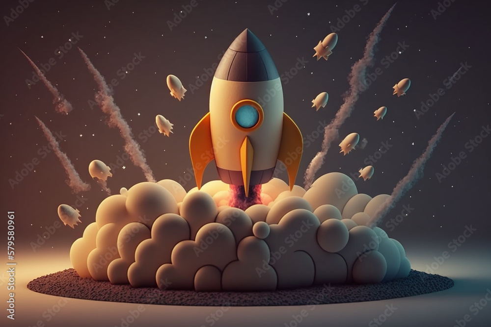 Cartoon style rocket launching with small missiles on galaxy background ...