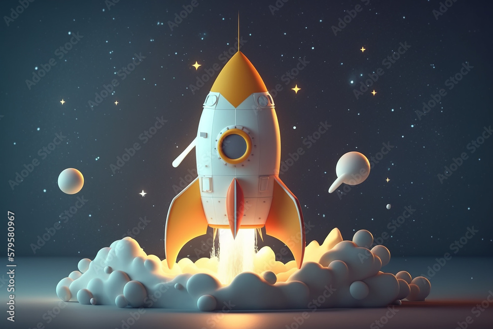 Cartoon rocket launching into outer space. Concept of startup business ...