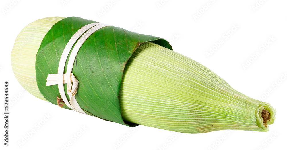 Fresh sweet corn Wrapped in banana leaves isolated on a transparent ...