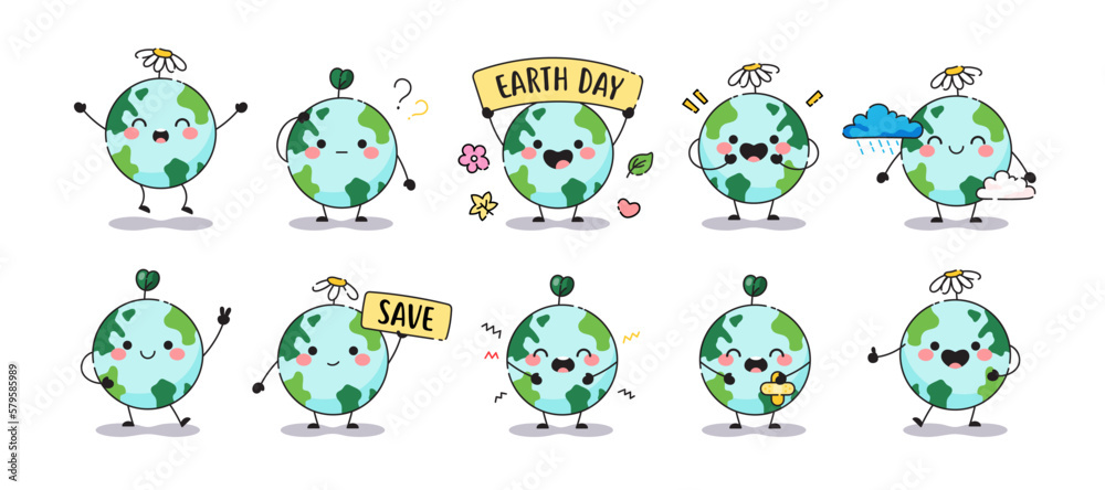 Cute baby planet earth set. Mascot Earth icons with faces. Collection ...
