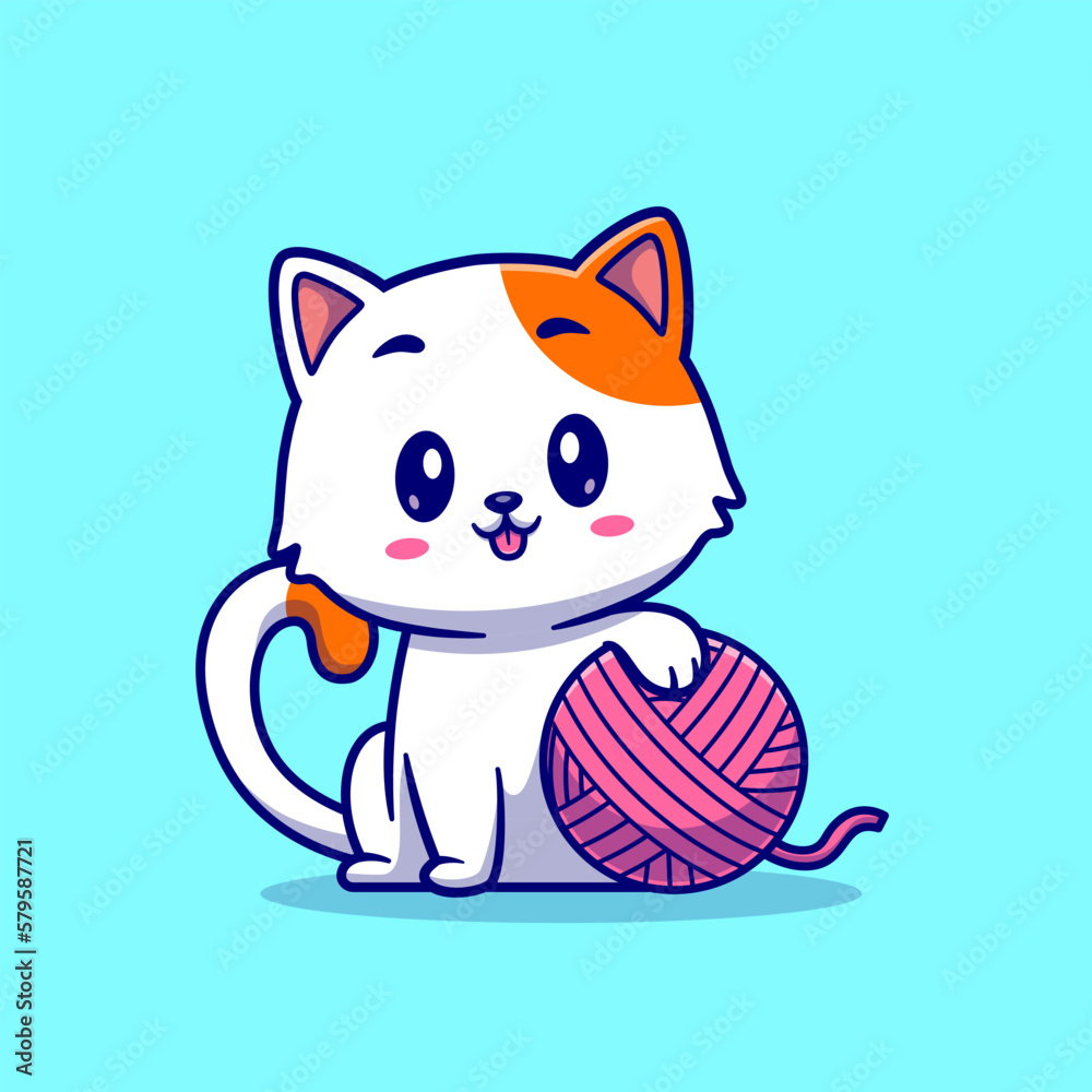 Cute Cat Playing Yarn Ball Cartoon Vector Icon Illustration. Animal ...