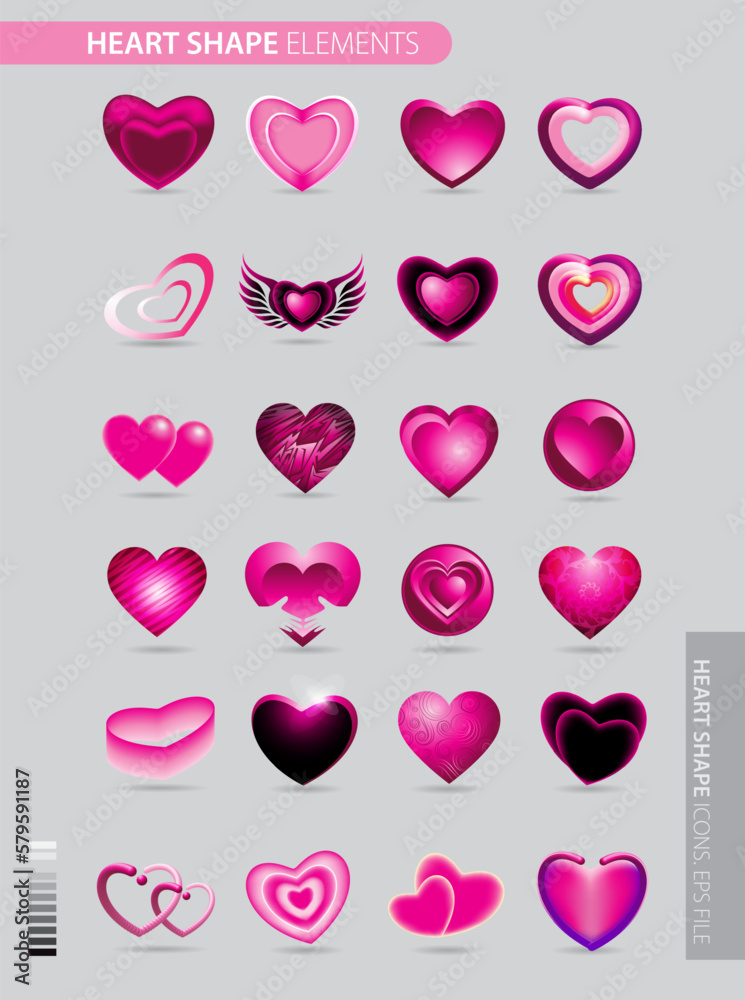 Heart Color Set Icons vector illustrations. Set of Hearts in different ...