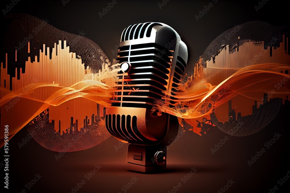 Generative AI of microphone in colour background with wave lines and ...