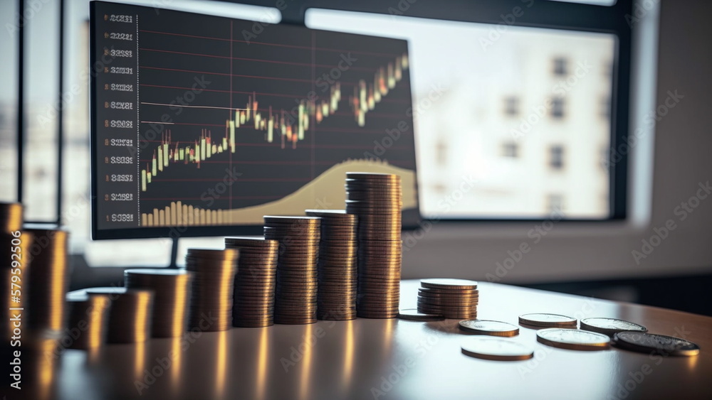 Pile of coins on table in front of desktop with stock chart on it with ...