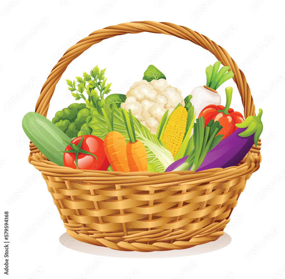 Wicker basket with vegetables isolated on white background. Vector ...
