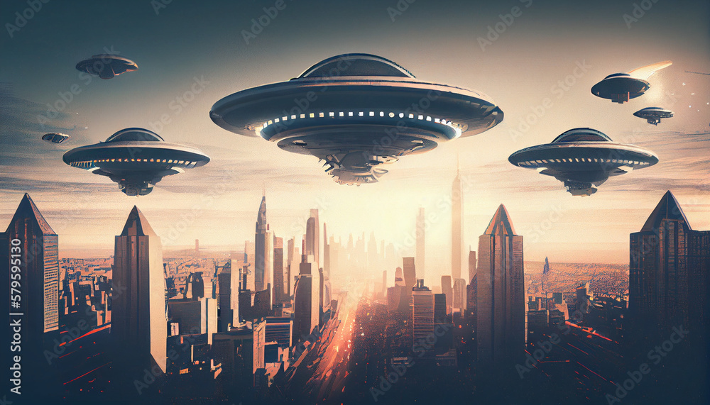 A digital artwork featuring of a UFO armada over downtown. giant alien ...
