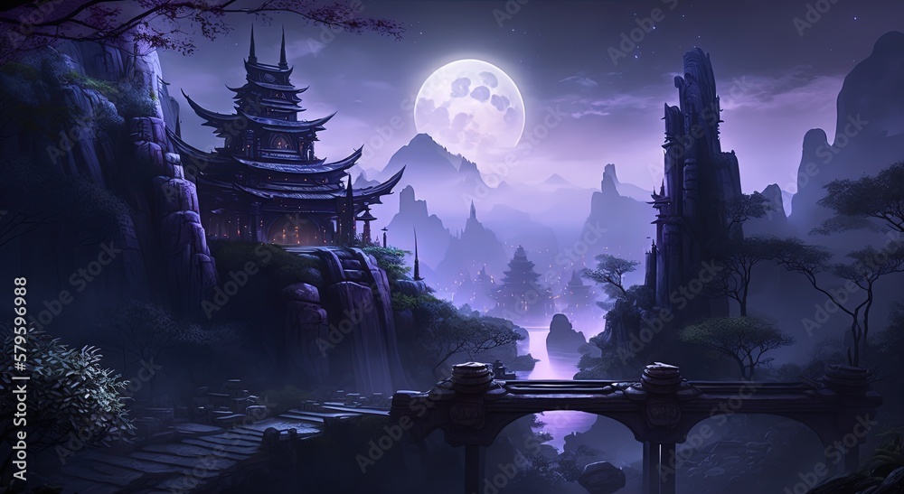 beautiful scenery in night time of Asian ancient palace in spring time ...