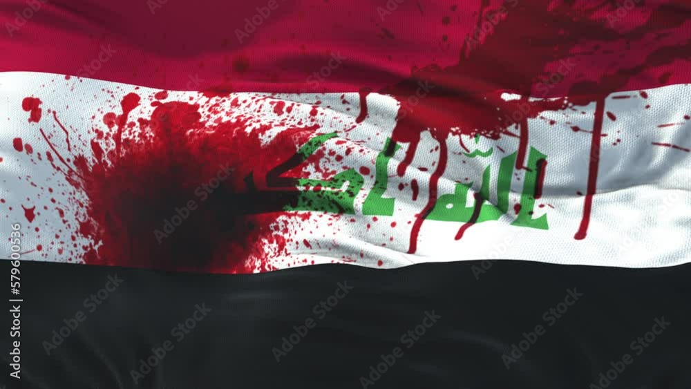iraq flag stained with blood. IRAQ flag waving in the wind with high ...