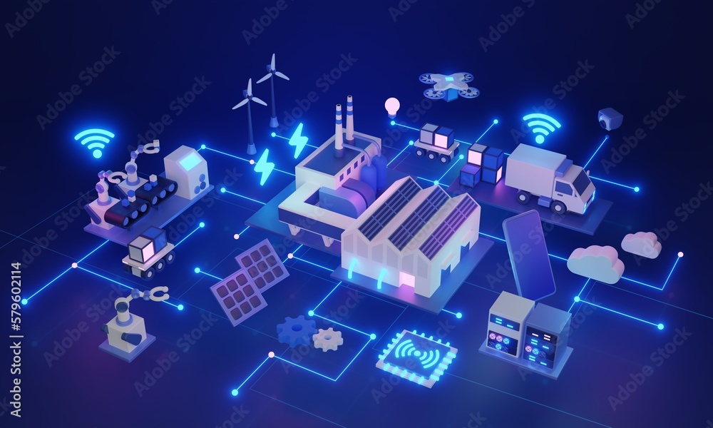 Smart factory 3D illustration concept. Modern manufacturing. Industrial ...