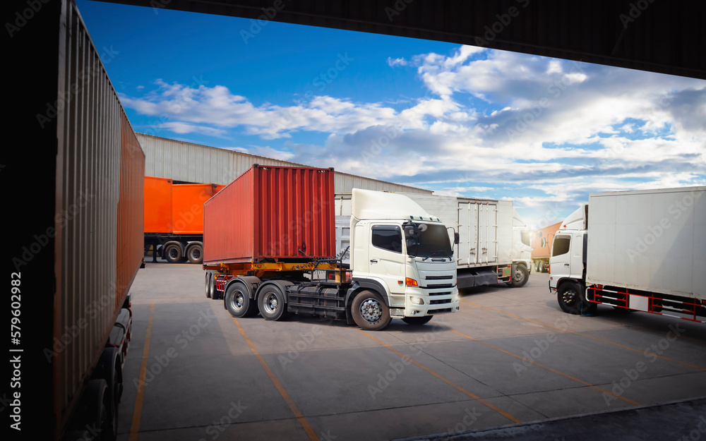 Semi Trailer Trucks on The Parking Lot. Trucks Loading at Dock ...