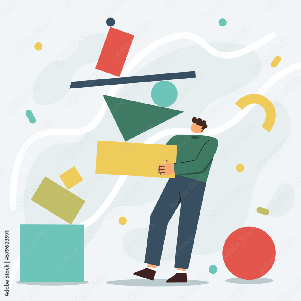 Male character trying to hold different geomeric shapes and keep ...