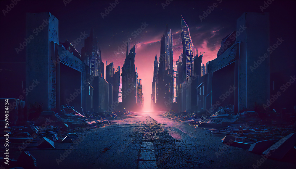3d abstract neon background of post apocalyptic concept. Glowing ...