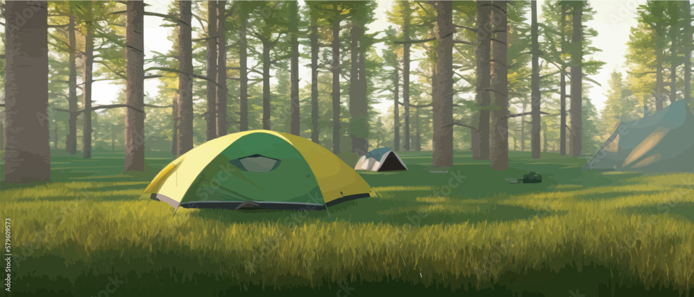 Tourist summer camping with tents vector illustration banner. Camping ...