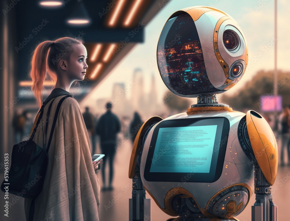 Girl and big futuristic robot with AI technology in public area ...