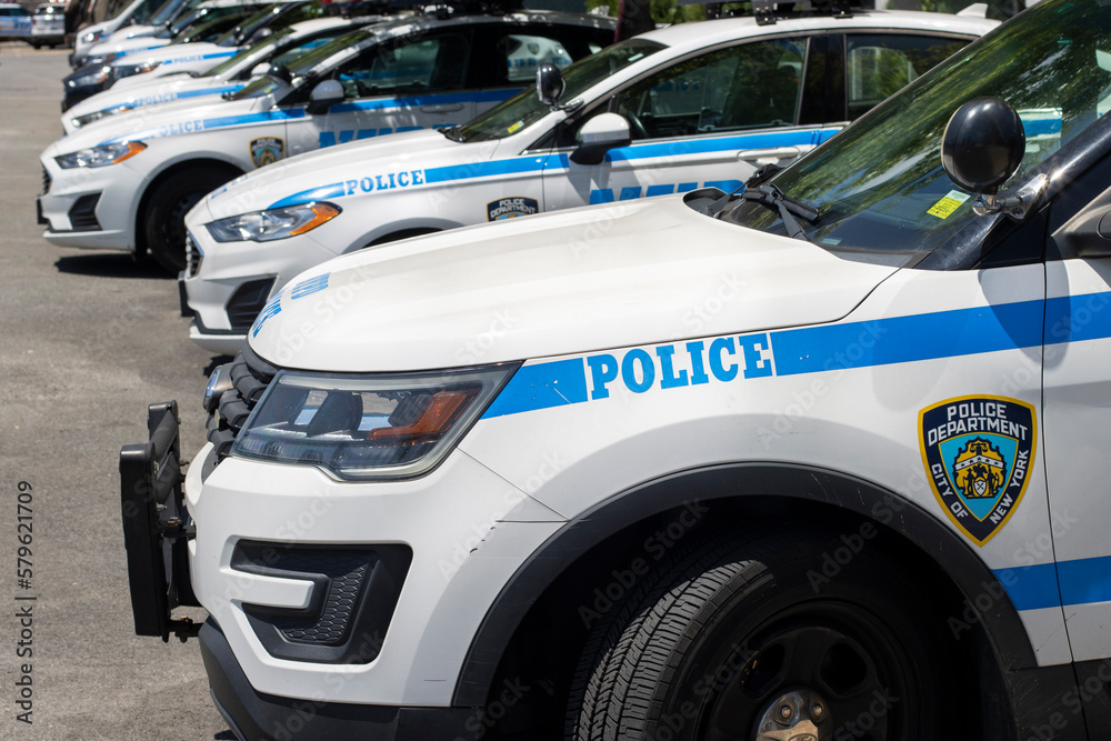 New York, NY, USA - July 4, 2022: Fleet of patrol cars are seen outside ...
