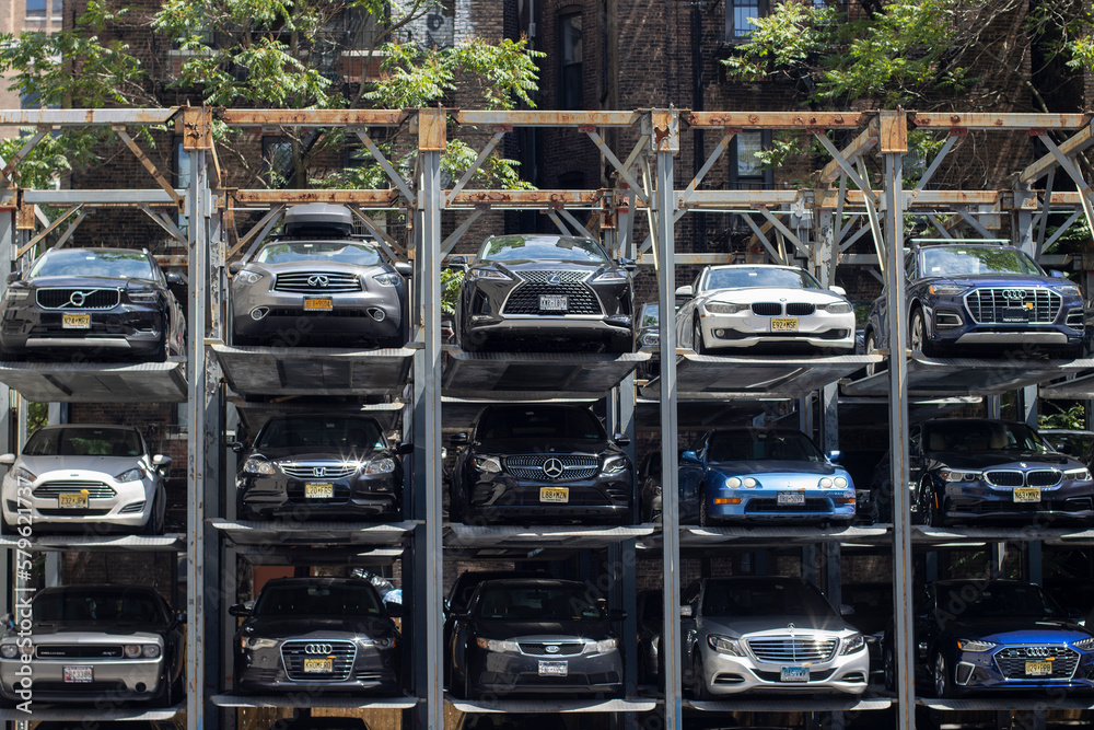 New York, NY, USA - July 5, 2022: Stacked high-density mechanical ...
