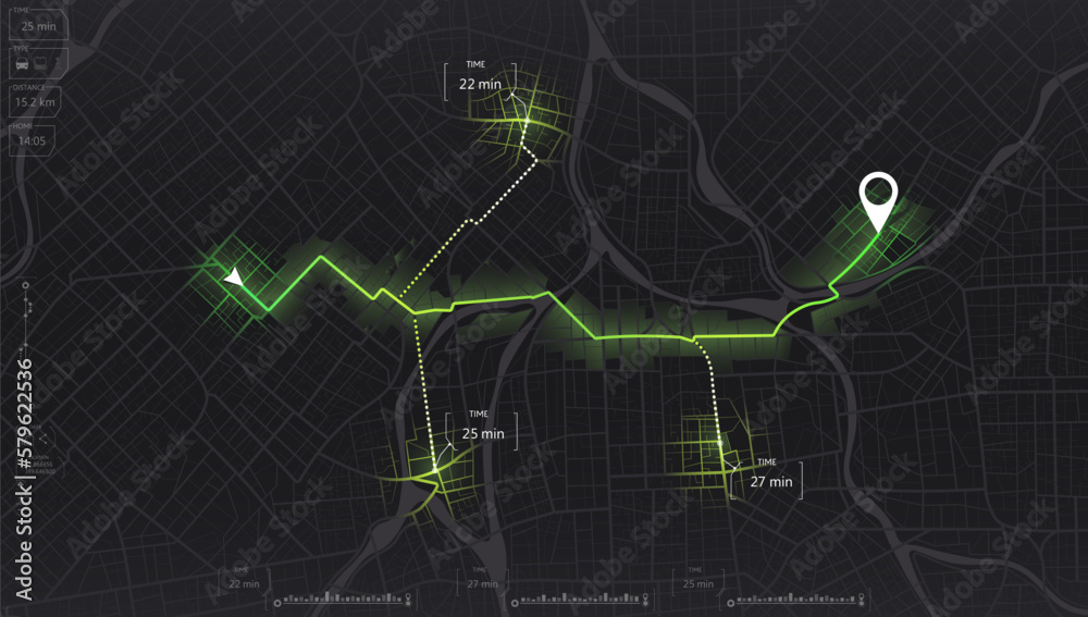 Pick up taxi. Gps map navigation to own house. Detailed view of city ...