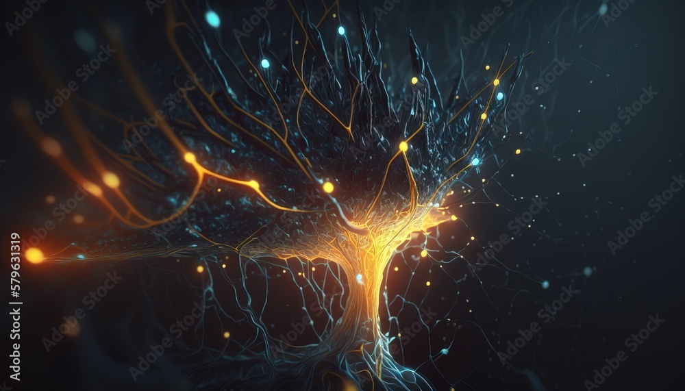 Generative AI, Conceptual illustration of neuron cells with glowing ...
