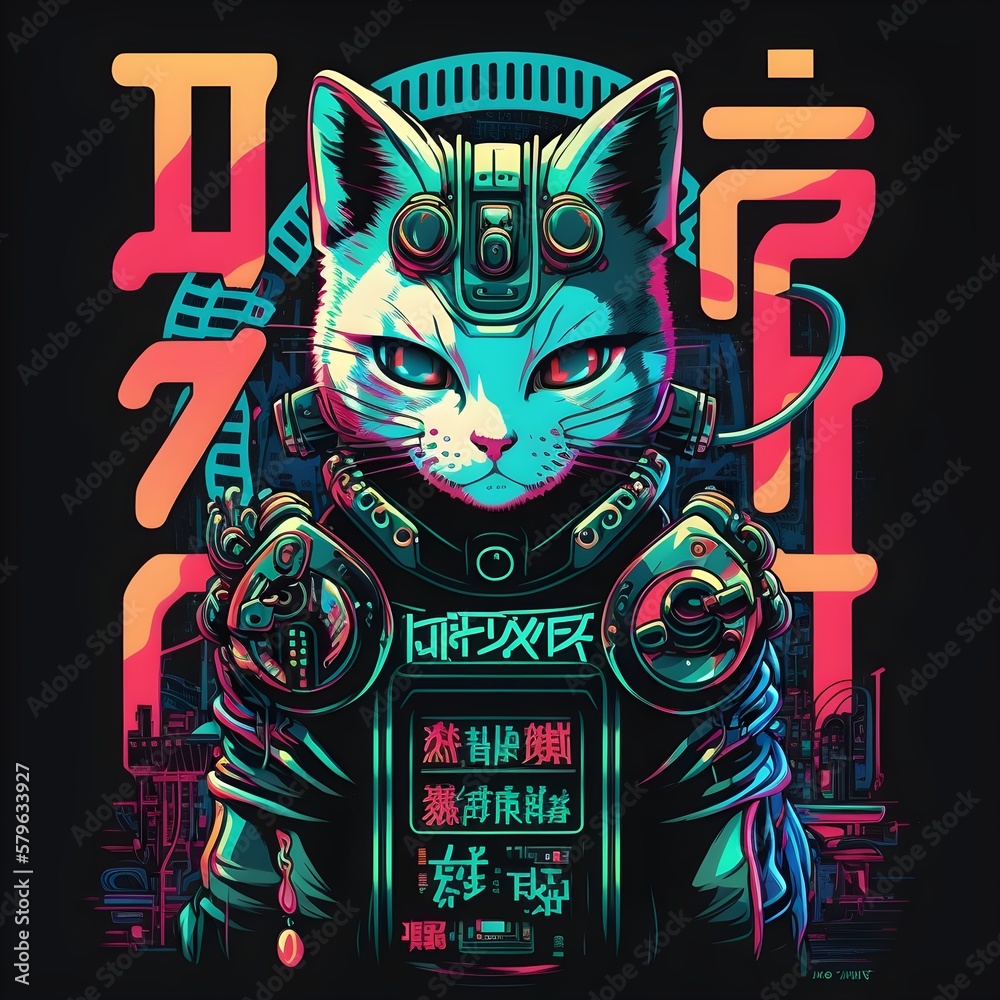 Futuristic cyberpunk t-shirt, merch, streetwear design. Cyber Maneki ...