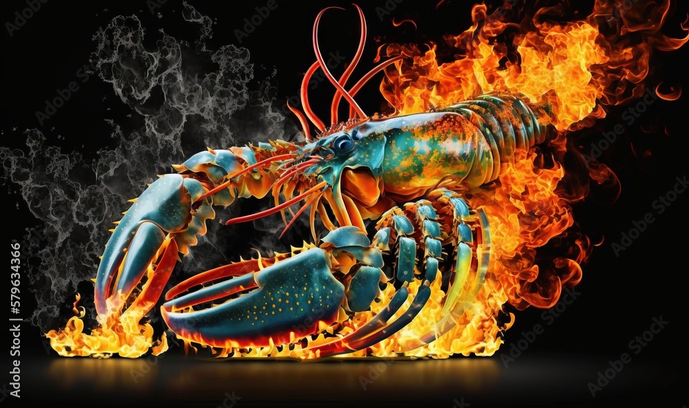 a blue lobster is on fire on a black background with red and yellow ...