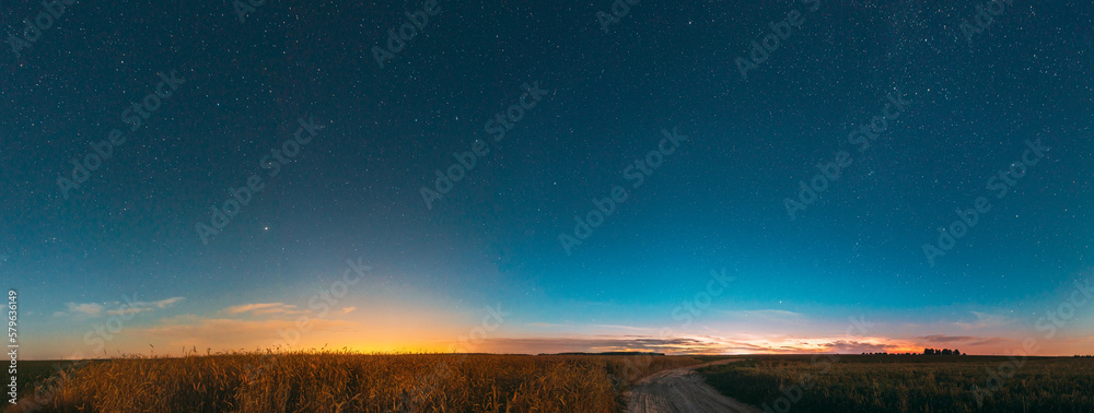 Night Starry Sky With Glowing Stars Above Countryside Landscape. Light ...