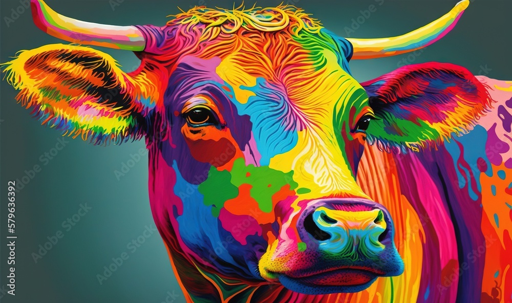 a colorful cow with horns is shown in this painting of a colorful cow's ...