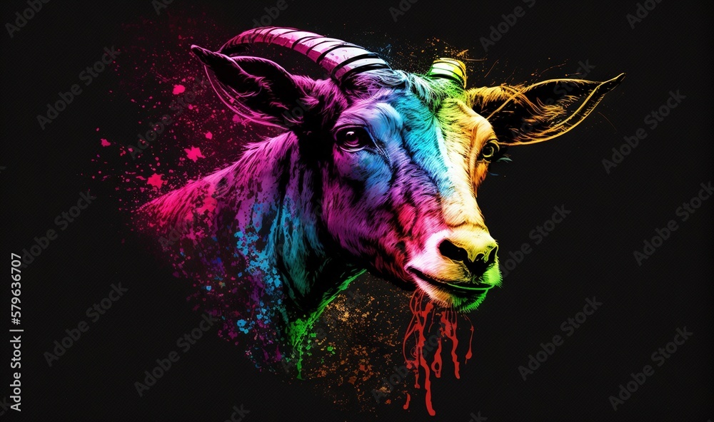 a colorful goat with horns and horns on a black background with paint ...