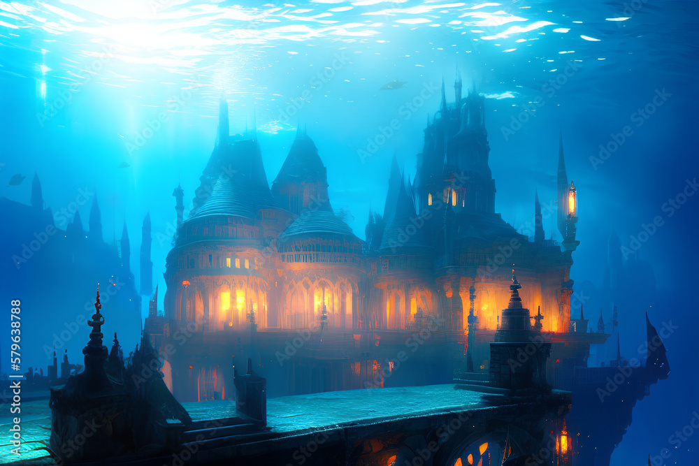 A monastery, church or temple, build in an underwater city with pointed ...