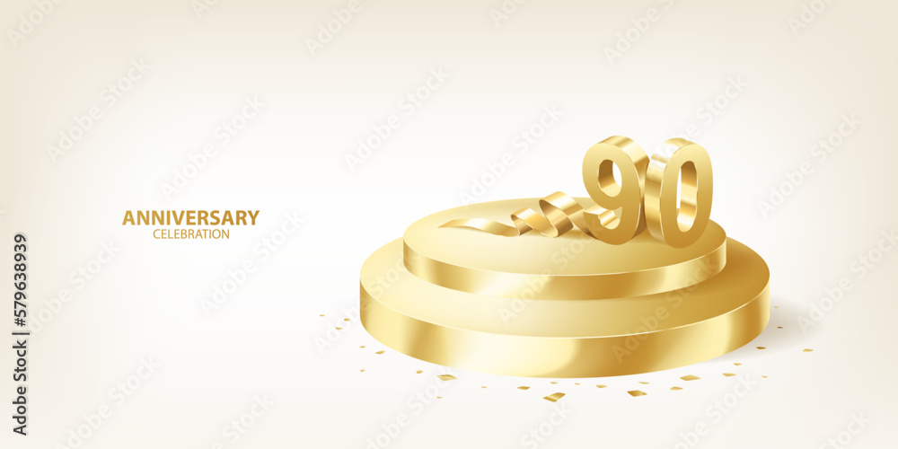 90th Anniversary celebration background. 3D Golden numbers on double ...