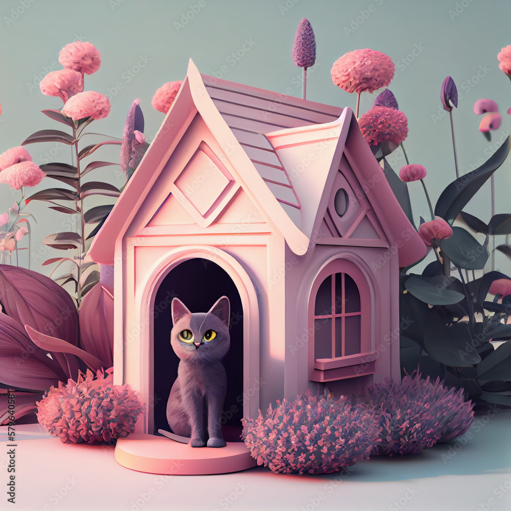 Cute Cat House with flowers pastel color by Generative AI Stock ...