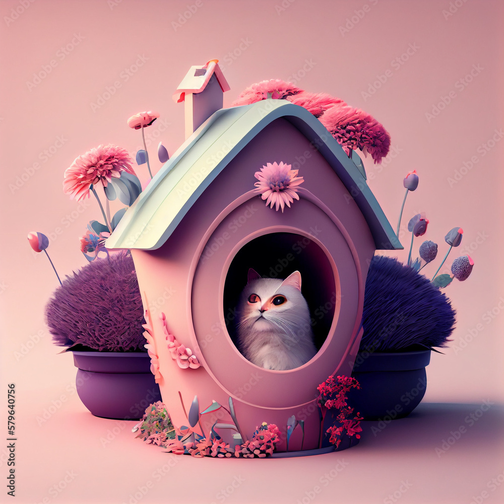 Cute Cat House with flowers pastel color by Generative AI Stock ...