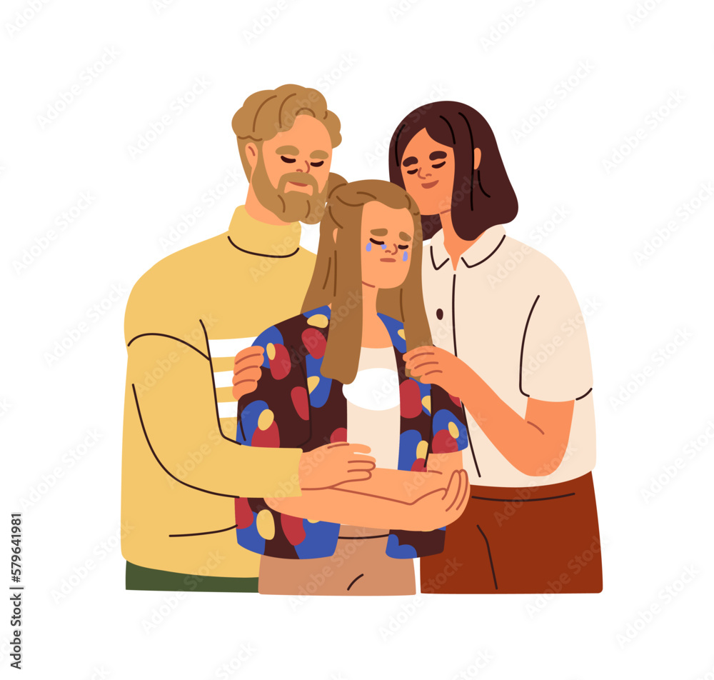 Family support, care concept. Mother, father comforting crying sad daughter. Supportive parents ...