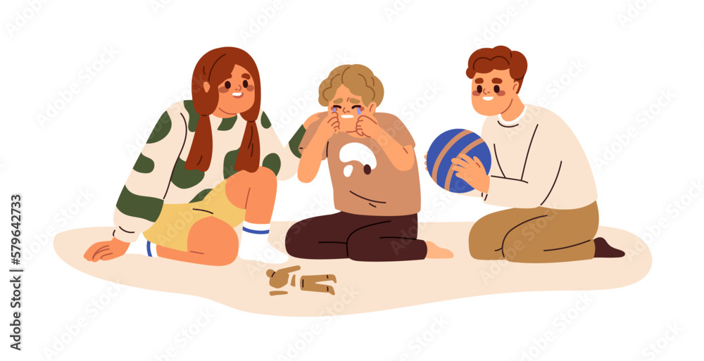 Kids comforting, supporting upset crying child friend with broken toy ...