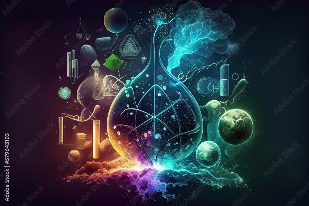 Science background illustration, scientific design. Flasks, glass and ...