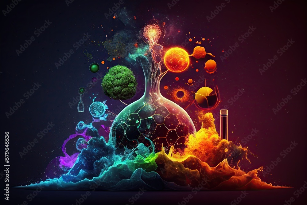 Science background illustration, scientific design. Flasks, glass and ...